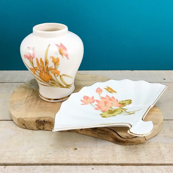Vintage | Accents | Vintage Japanese Floral Vanity Set Vase Tray Lotus ...